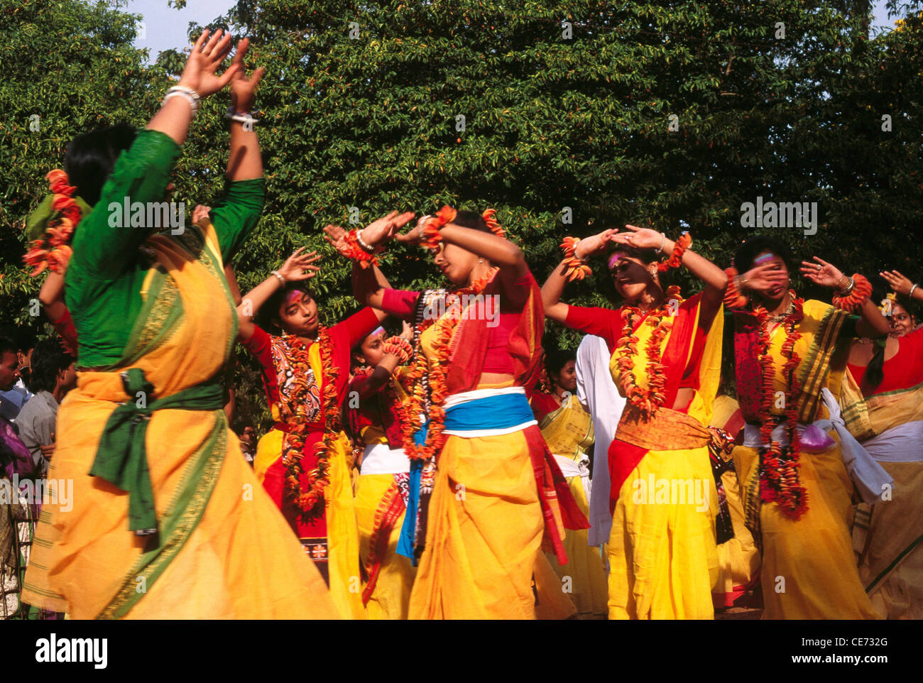indian bengali women dancing on Holi spring festival ; shanti niketan ...