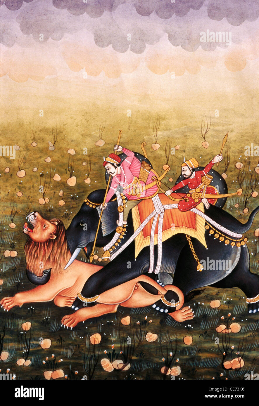 BDR 84421 : Miniature painting of mughal king hunting lion india Stock ...