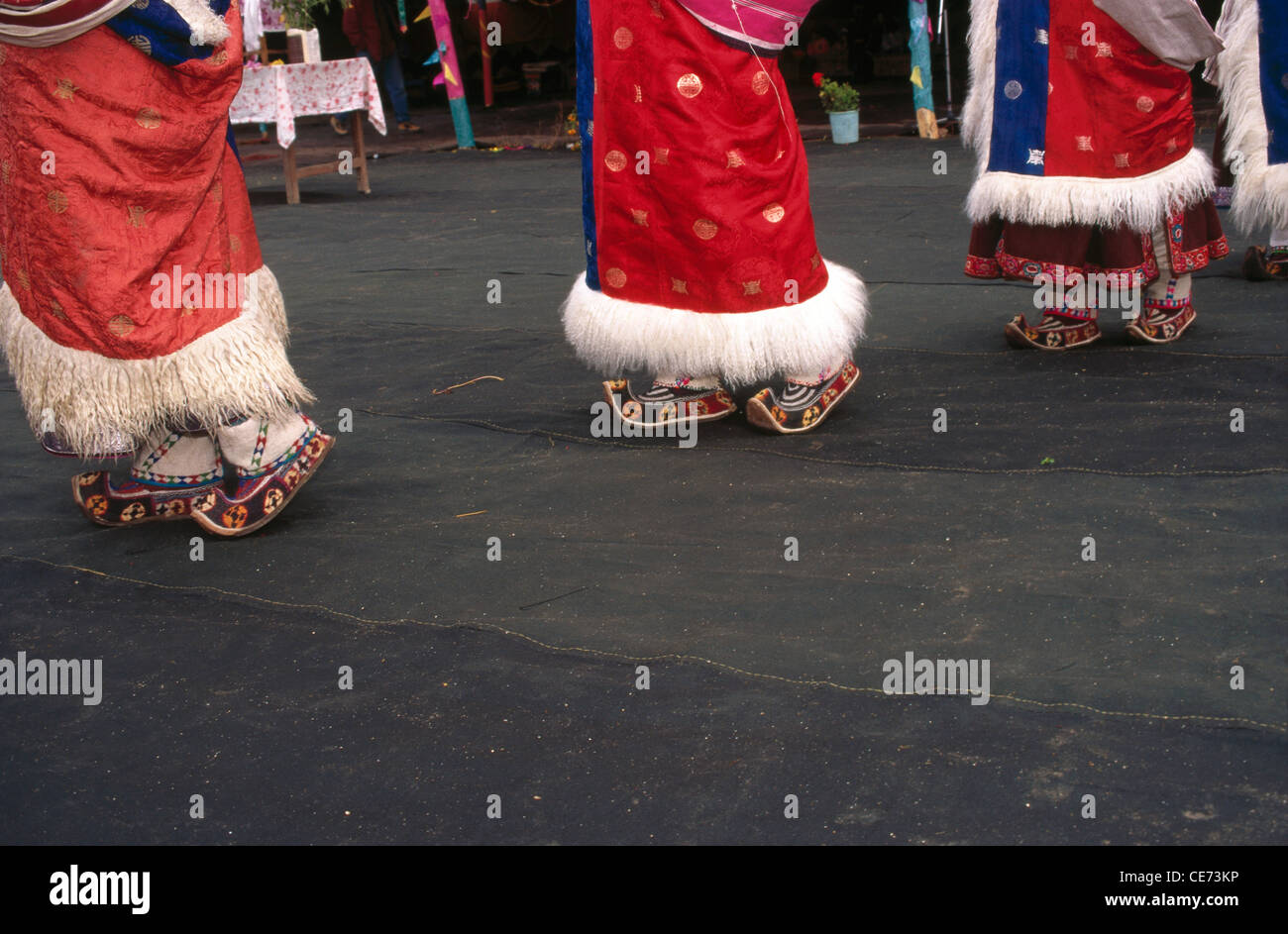 ladakh festival dance by ladakhi women wearing pabu local shoes ; leh ...