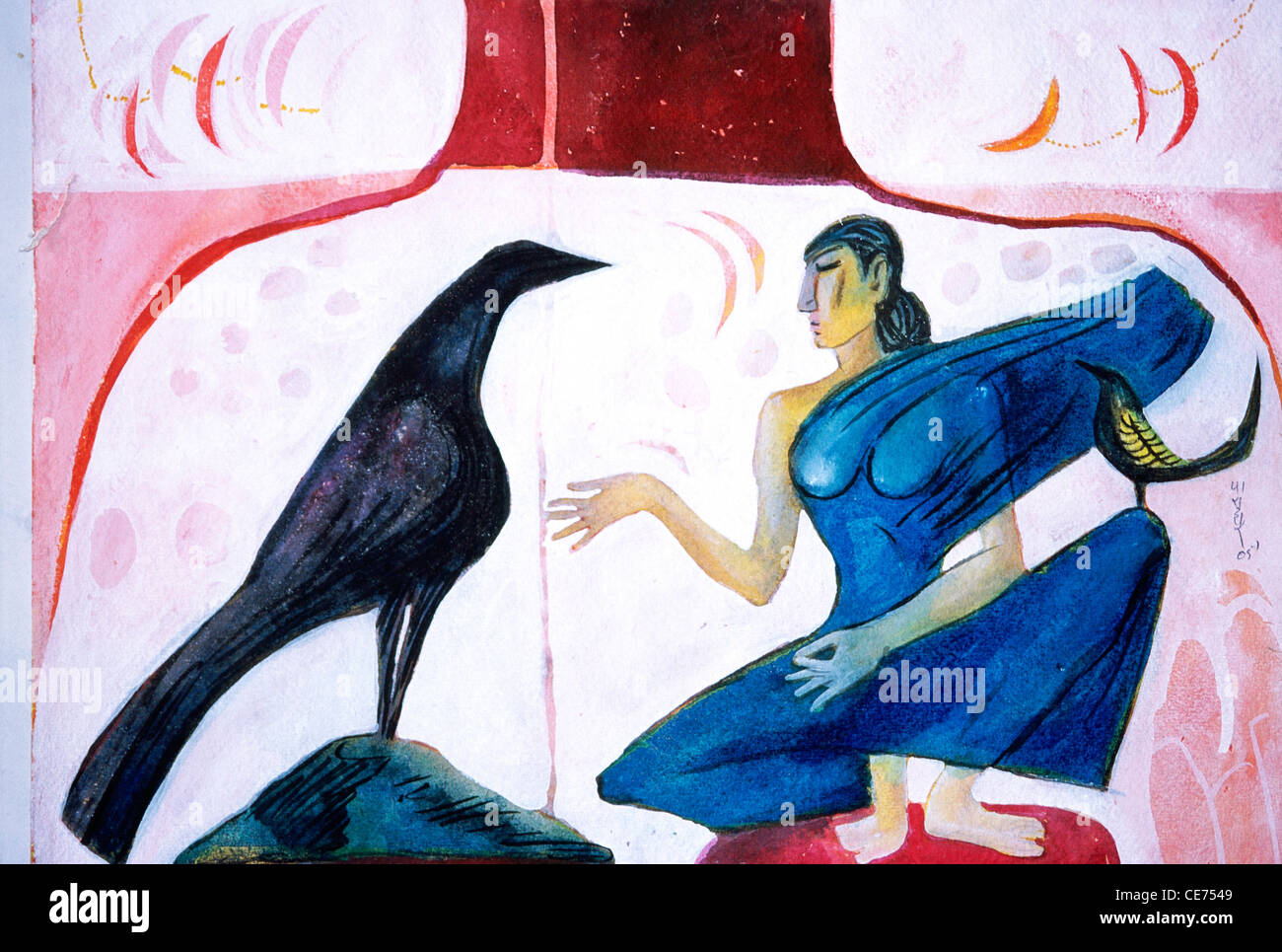 Painting of woman with crow and moon ; india ; asia Stock Photo - Alamy
