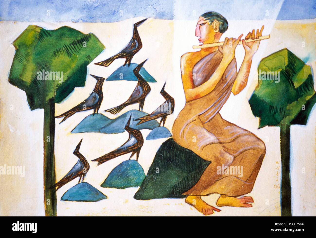 Painting of pied piper flute player birds trees rocks listening Stock ...