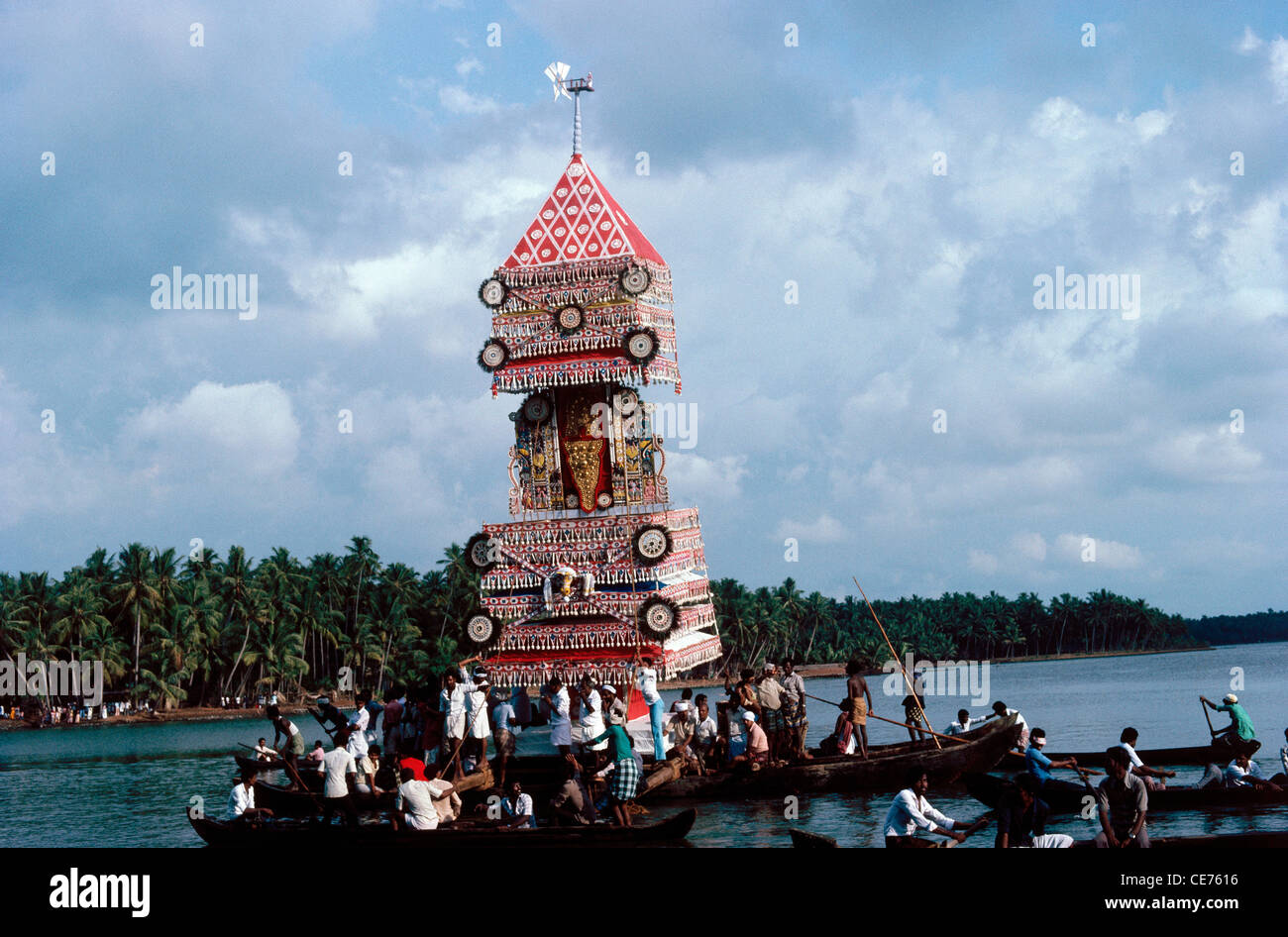 Indian temple replica festival on boat ; Quilon ; Kollam ; kerala ...