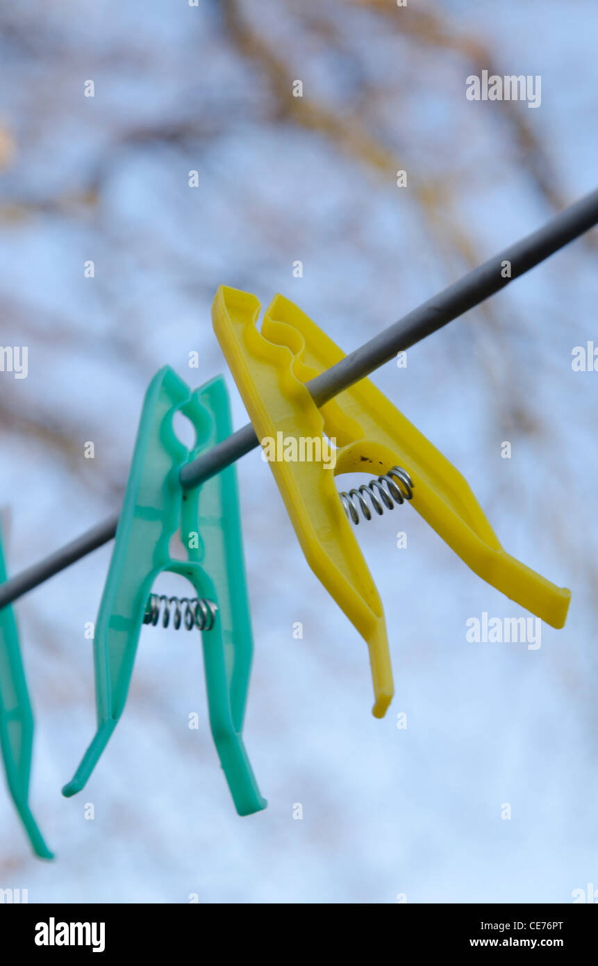 One Yellow and Two Green Washing Line Pegs Stock Photo - Alamy