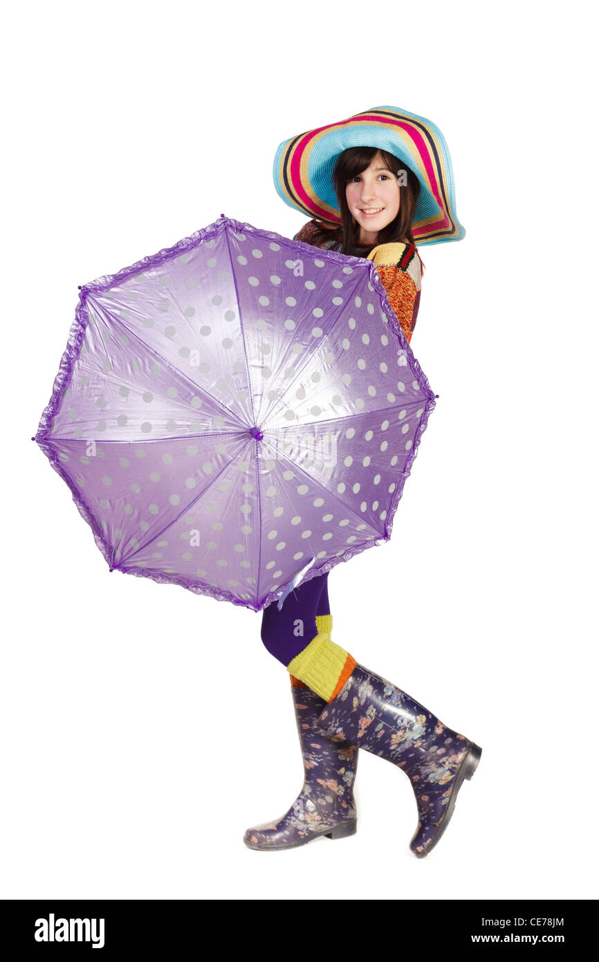 Beautiful girl with umbrella isolated on white Stock Photo - Alamy