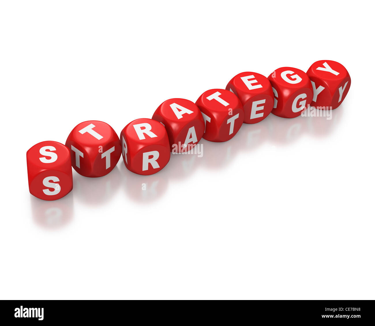Strategy as text or concept on red dice or blocks on white background ...