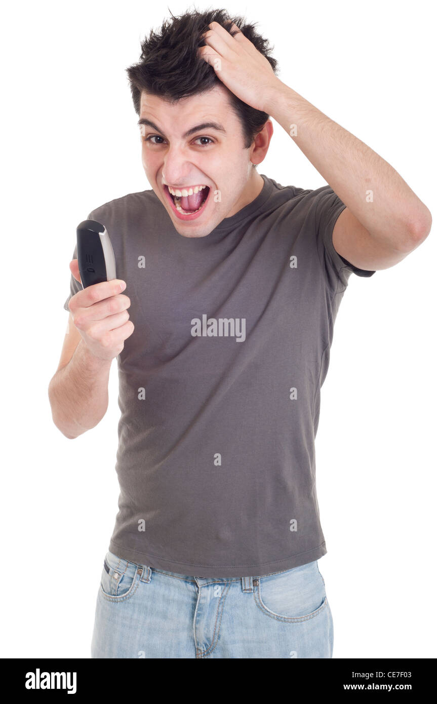 Man yelling into phone Stock Photo - Alamy