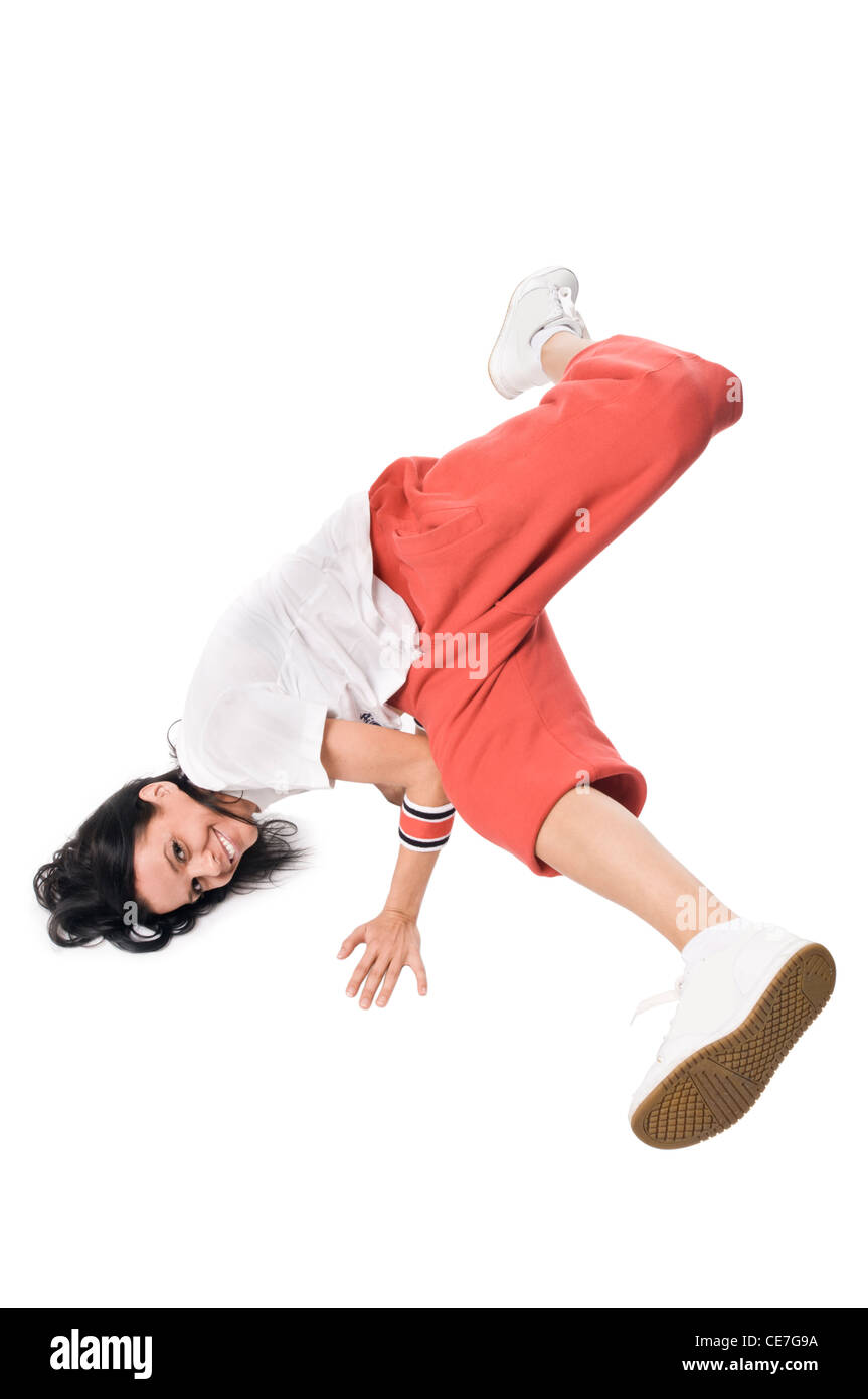 Cool young cheerful breakdancer performing on white background Stock ...