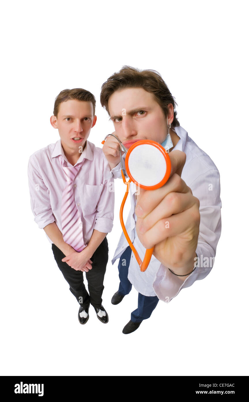 Patient and a doctor performing medical examination on white Stock ...