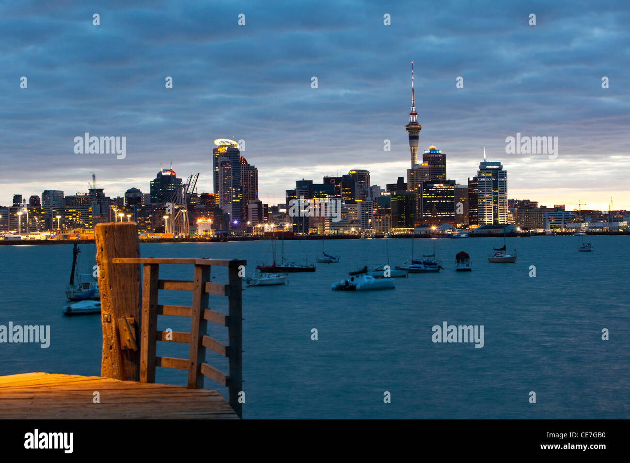 View of Auckland city skyline at dusk from Devonport, Auckland, North ...