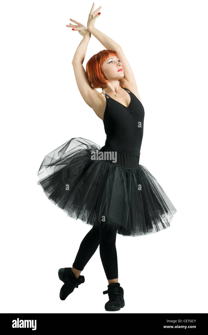 Red ballerina wearing black tutu posing on white background Stock Photo ...