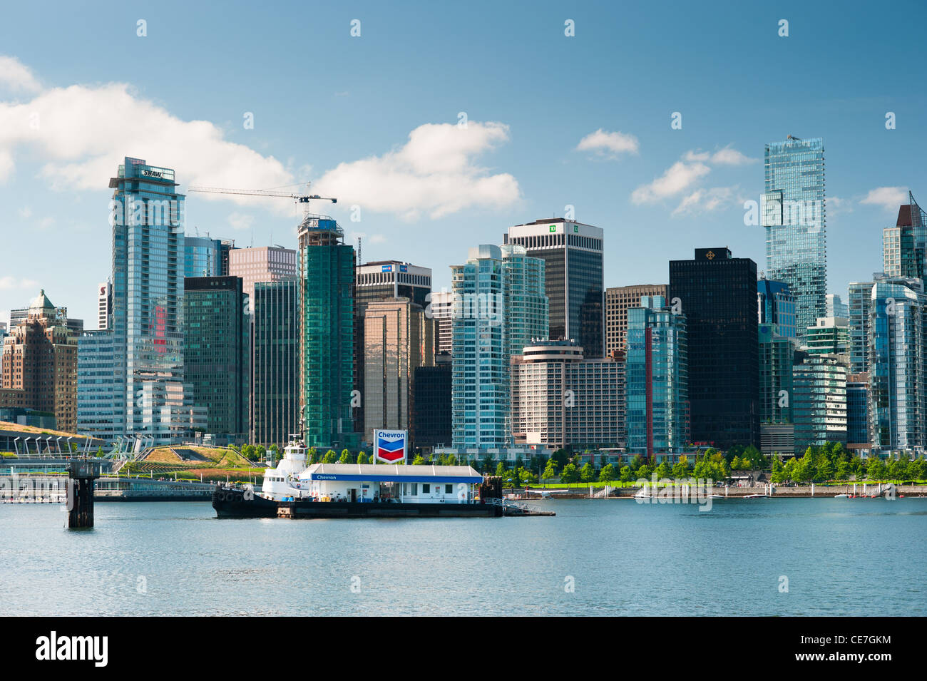 Skyline of Vancouver with Chevron Gas Station, View from Stanley Park ...