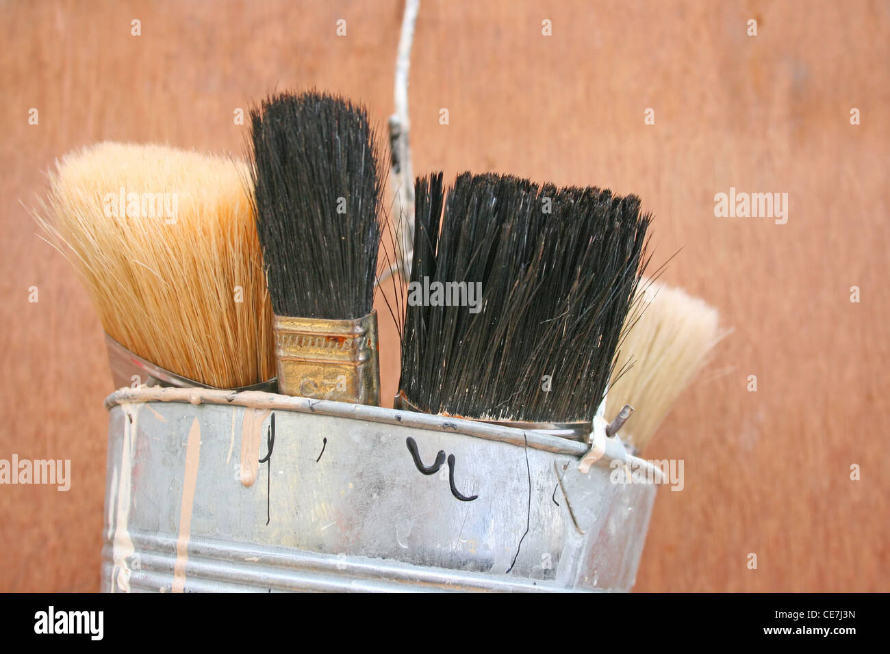 Paint brushes in a painters mini bucket after being cleaned Stock Photo ...
