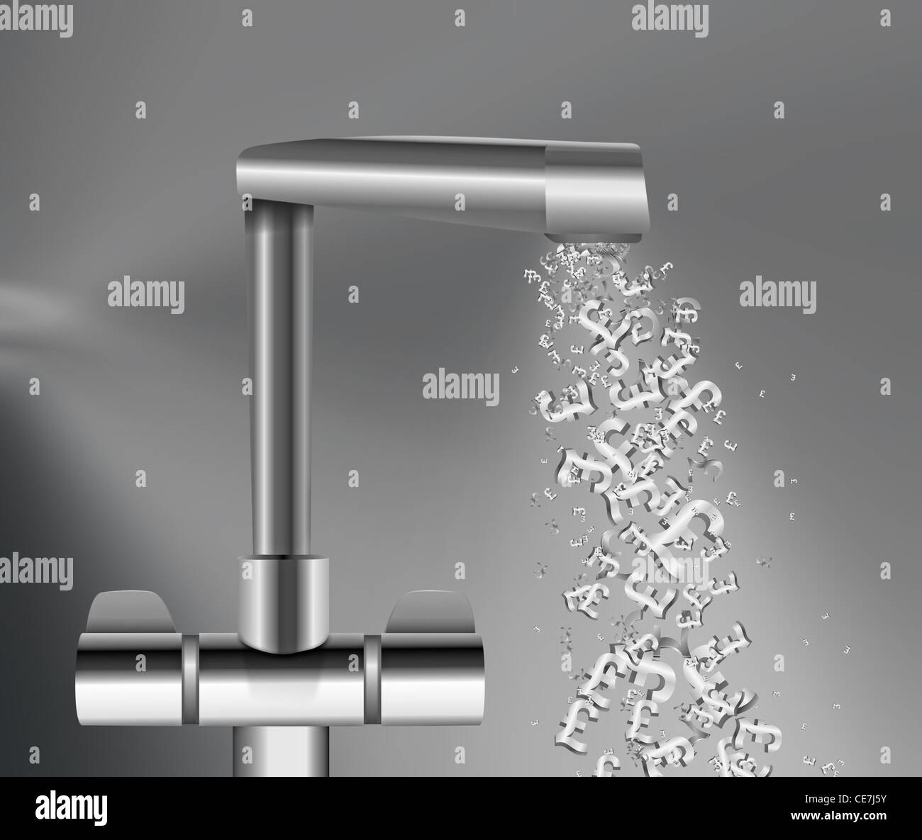 Illustration depicting a chrome water tap with metallic UK Pound Signs ...