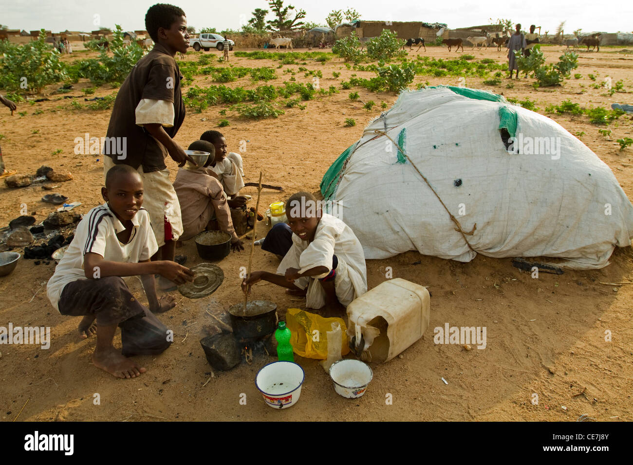 Refugee children cooking in a camp near Janub Darfur Sudan Stock Photo ...