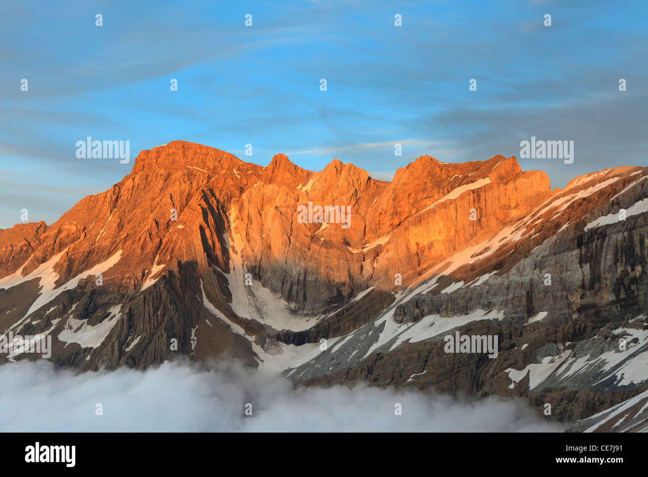 Marbore Peak and Pics de la Cascade from Refuge des Sarradets. Cirque ...