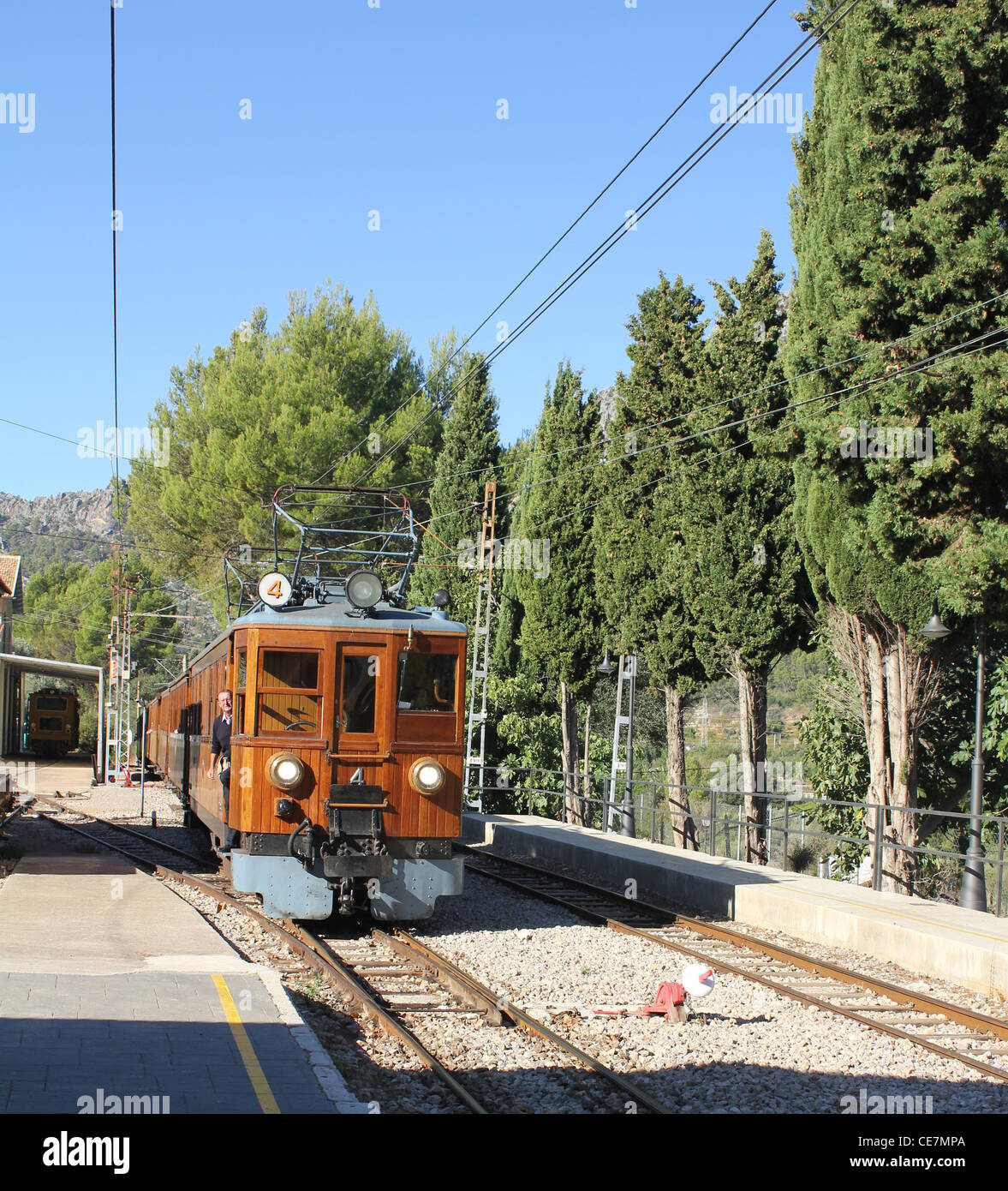 Historic Palma to Soller electric train at Bunyola Staion, Mallorca ...
