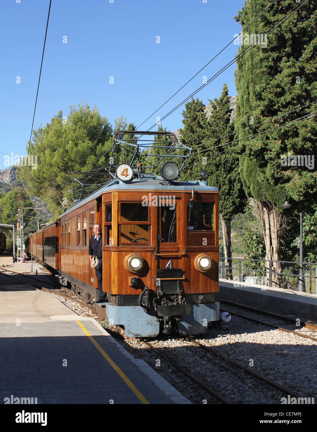 Historic Palma to Soller electric train at Bunyola Staion, Mallorca ...