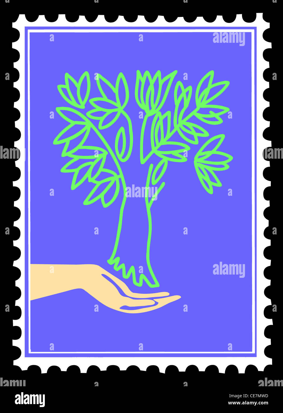 vector silhouette tree in hand on postage stamps Stock Photo - Alamy