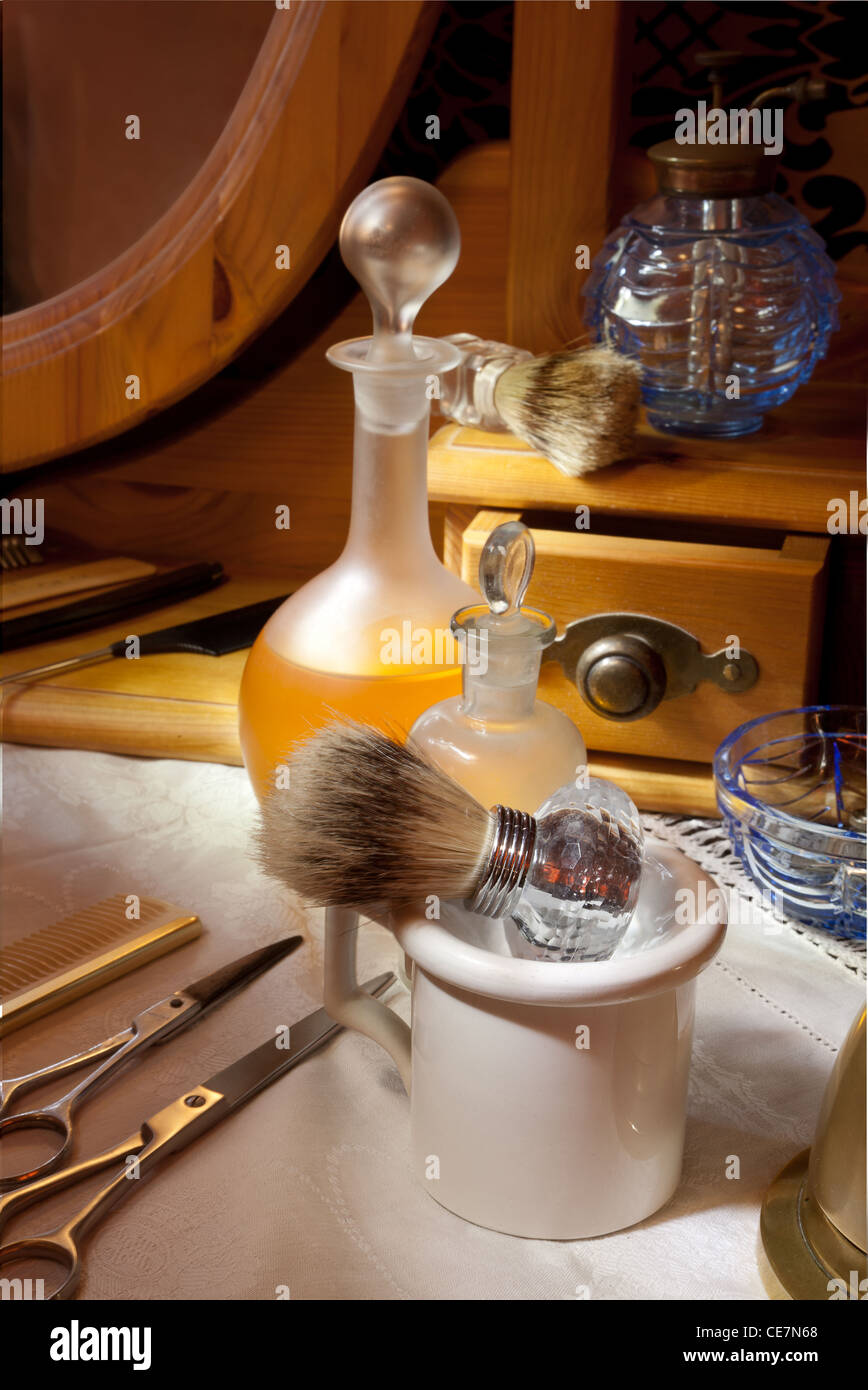Victorian barbershop with antique tools and bottles Stock Photo - Alamy