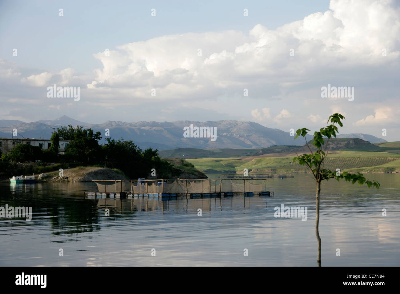 Late Ataturk near Kahta, southeastern Turkey. Trout farming cages can ...