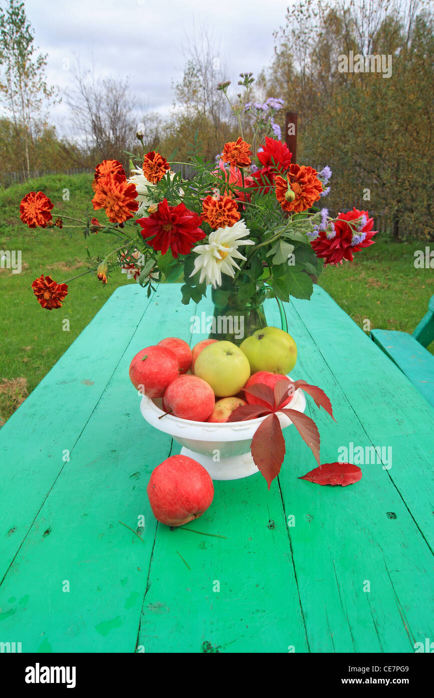 autumn still life on garden table Stock Photo - Alamy