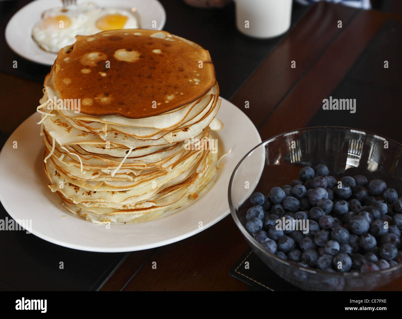 Stack of pancakes on the breakfast table with the addition of ...