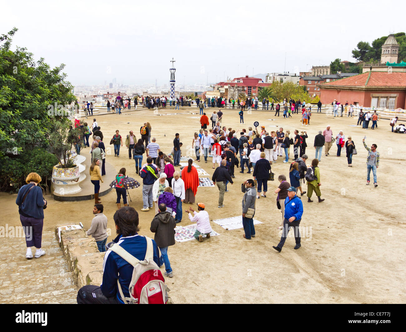 Tourists vendor at Park Guell garden complex in Barcelons, Spain ...