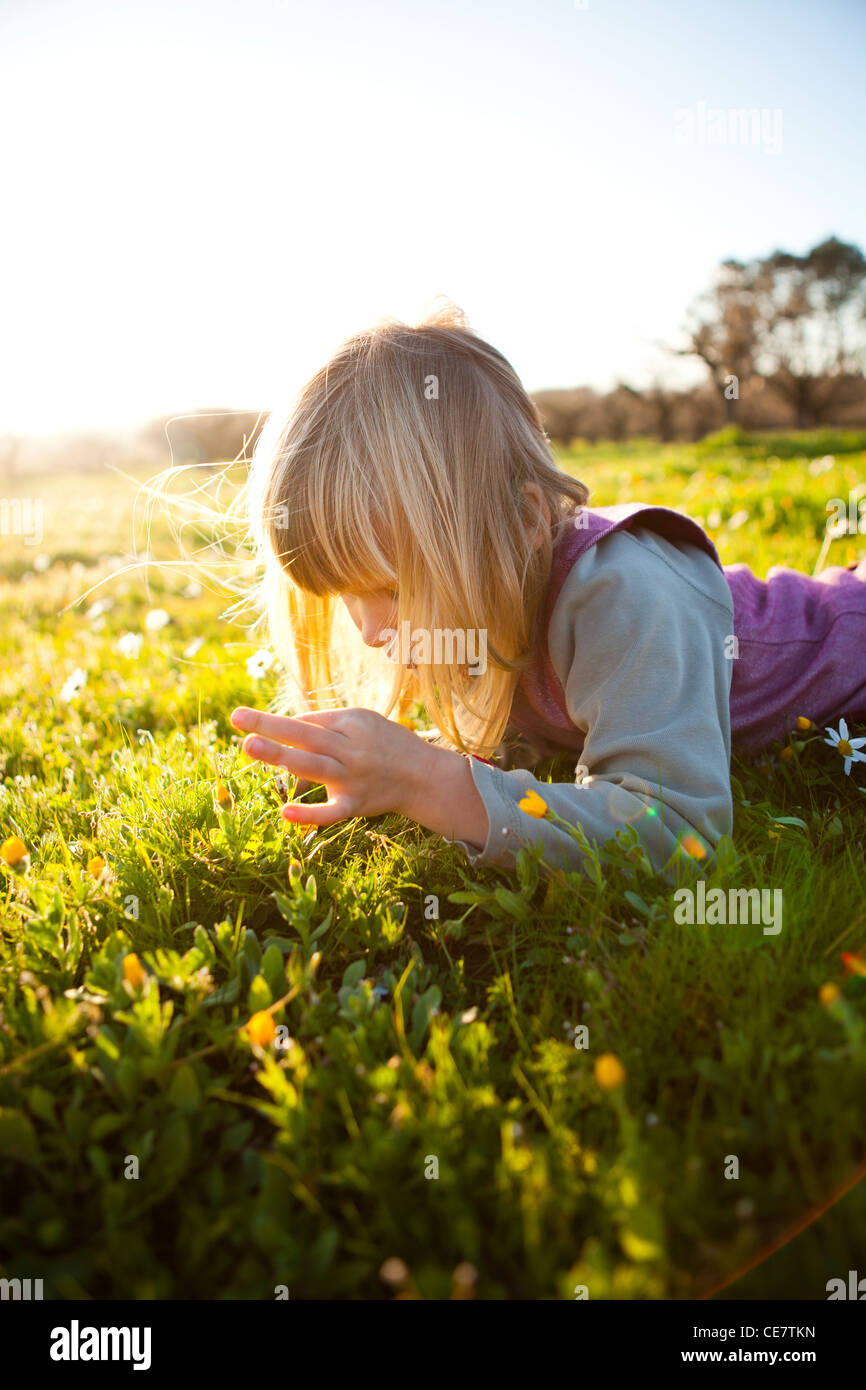Cute little girl outdoors on a green field with flowers Stock Photo - Alamy