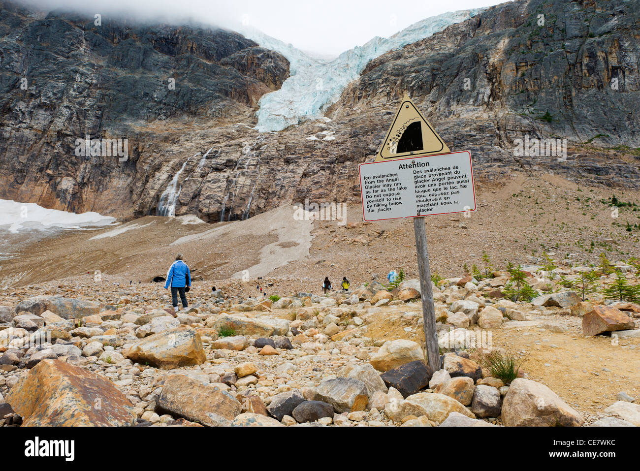 Ice avalanche warning sign at the Angel Glacier, Mount Edith Cavell ...