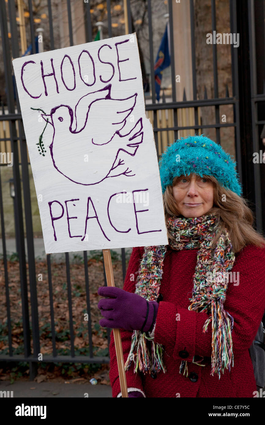 Peace protester at a Stop The War demonstration at the US Embassy in ...
