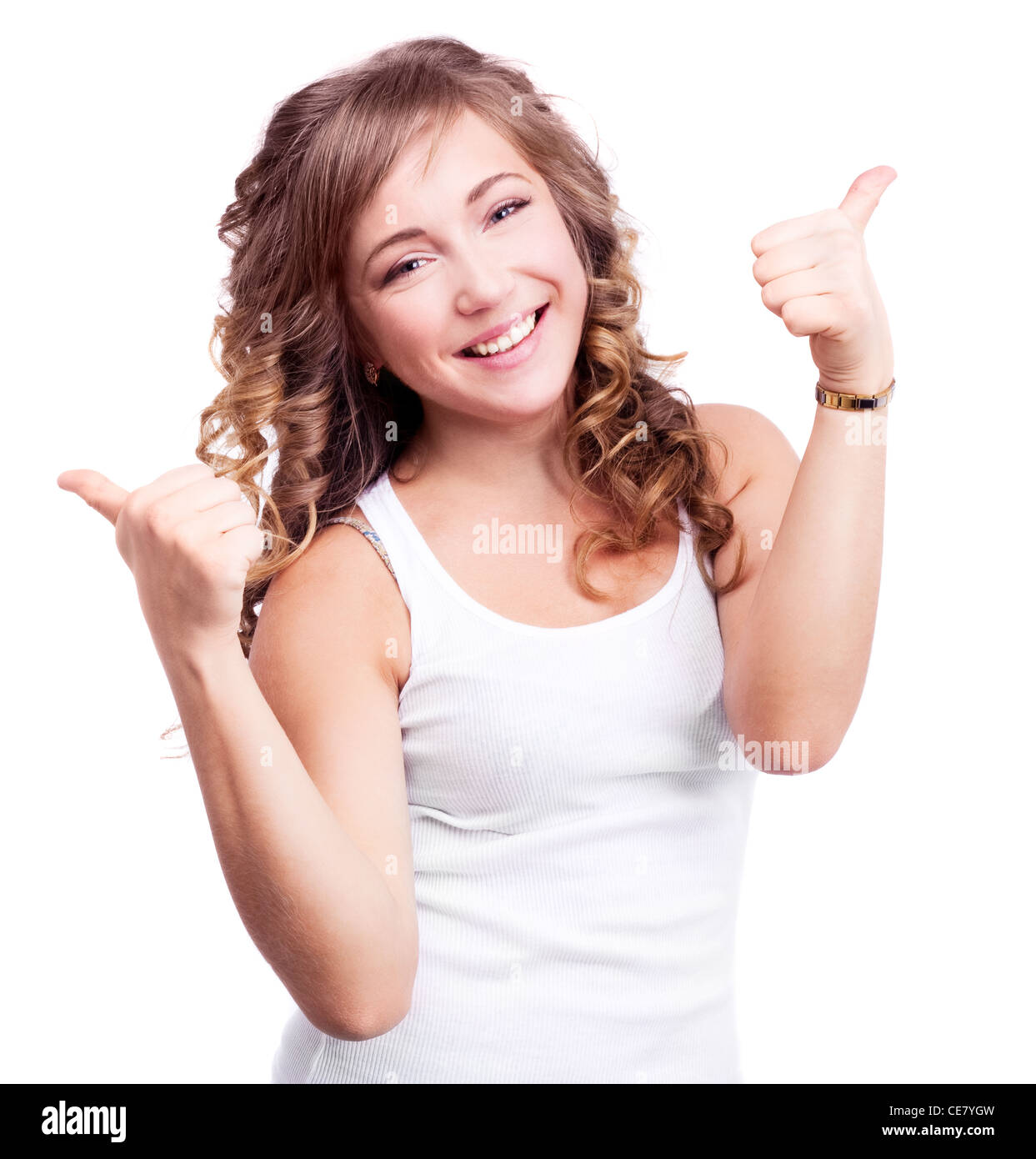 pretty happy young woman with her thumbs up, isolated against white ...