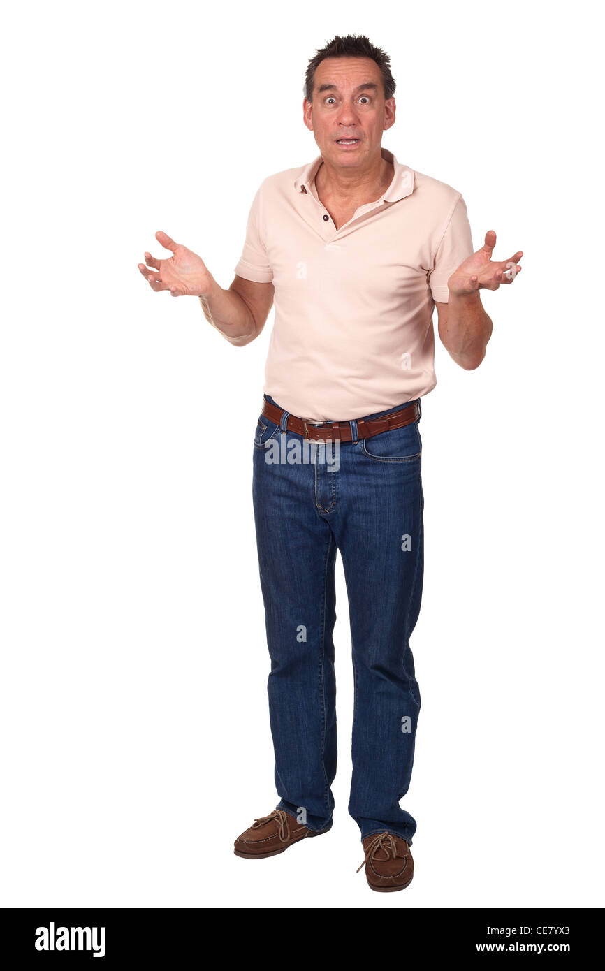 Full Length Portrait of Surprised Shocked Amazed Middle Age Man Holding ... Full Length Portrait of Surprised Shocked Amazed Middle Age Man Holding ...