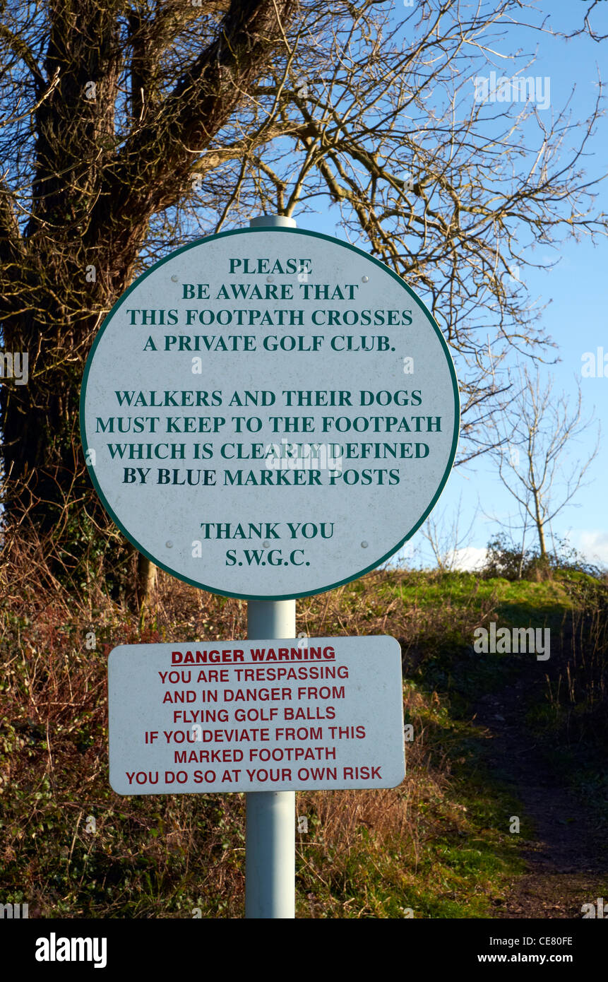 Warning sign at the point where a public footpath enters a golf course ...