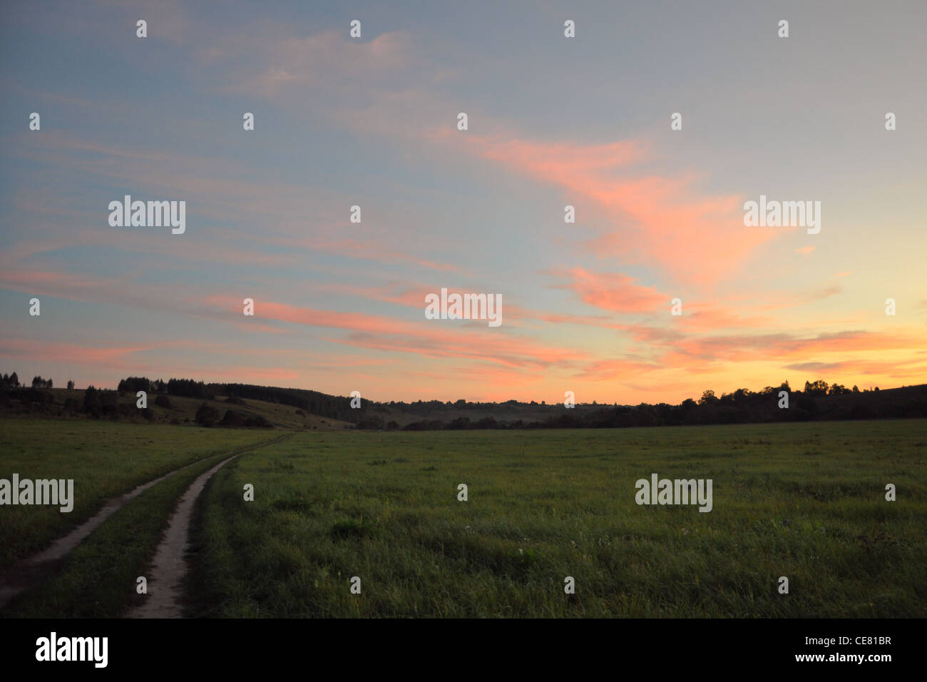 Landscape with field and sunset sky Stock Photo - Alamy