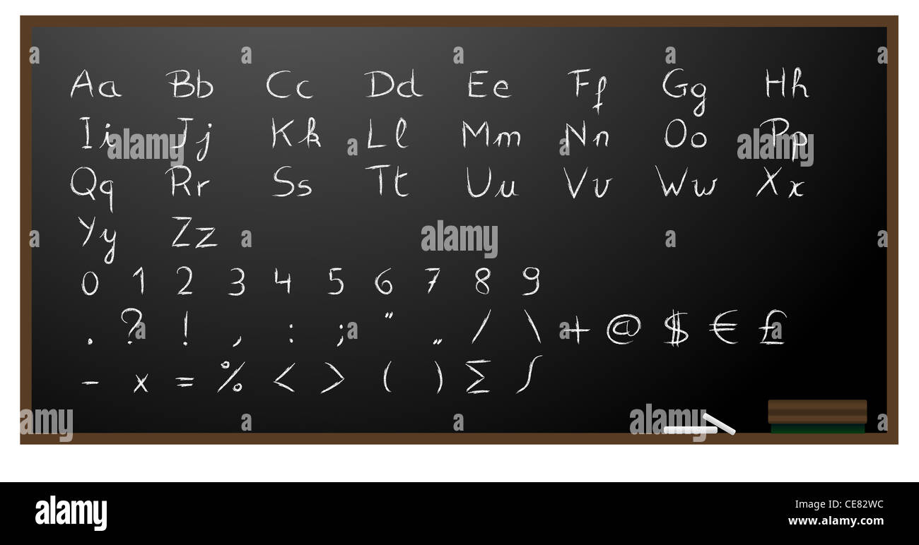 Blackboard background with alphabet, numbers and signs in chalk Stock ...
