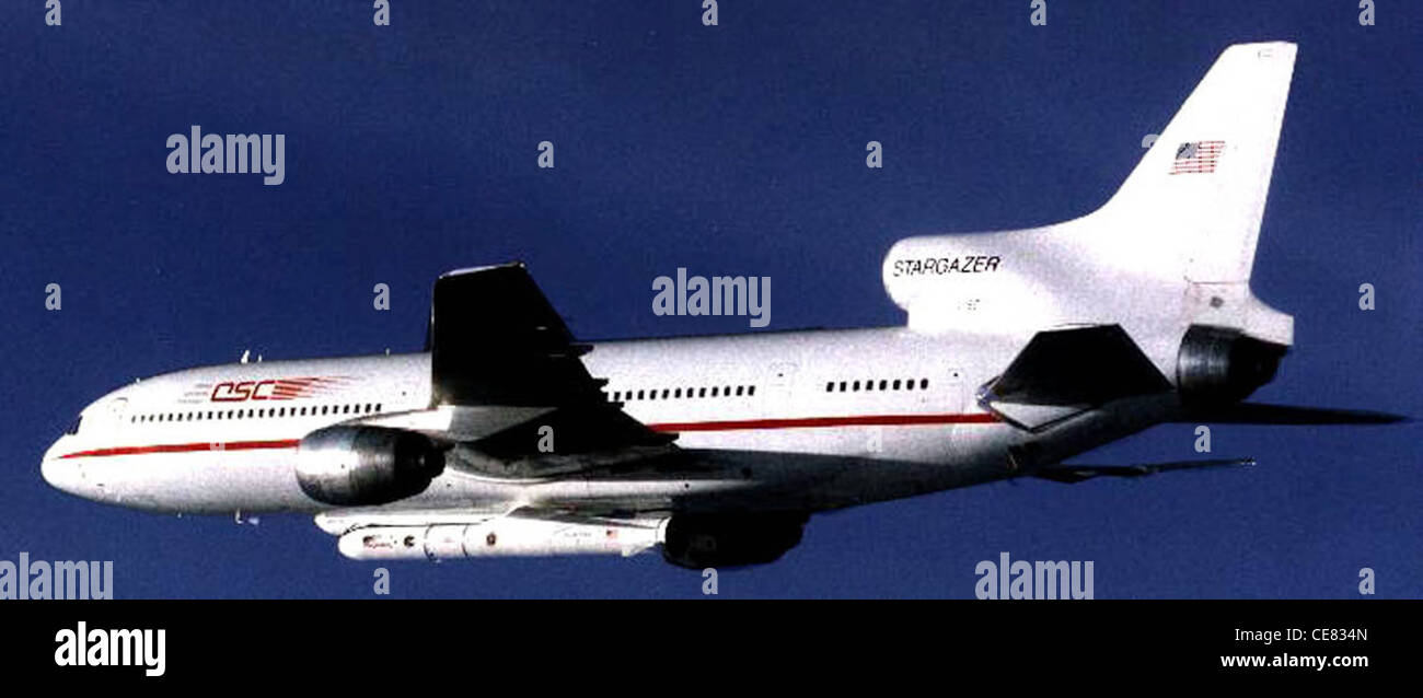 The L-1011 Stargazer aircraft, carrying the Pegasus launch vehicle, is ...