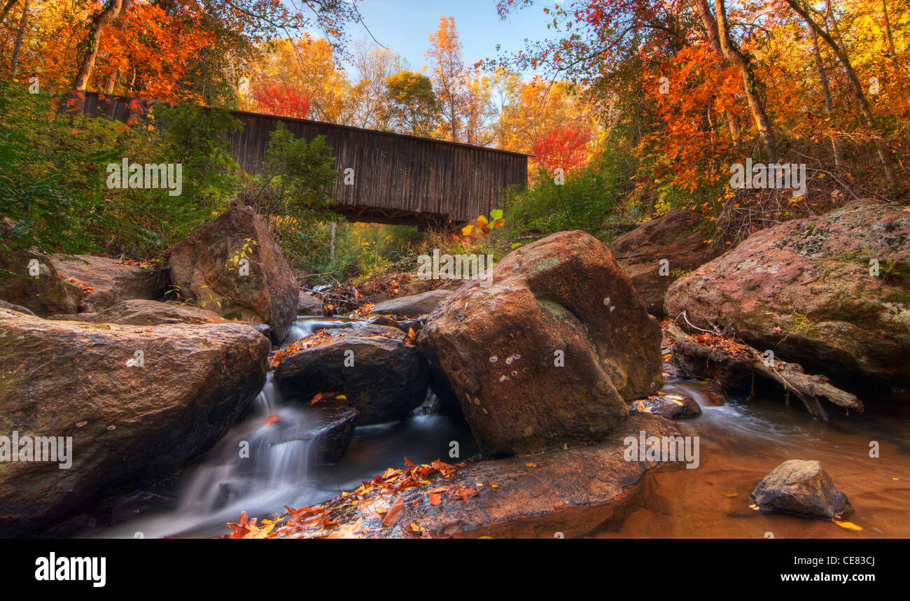 Elder Covered Bridge spanning an autumn spring in Northeast Georgia ...