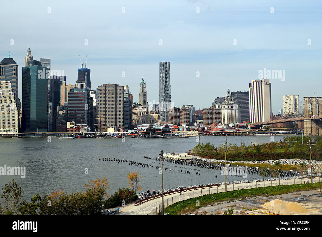 A view of Manhattan, the Brooklyn Bridge, and Brooklyn Bridge Park from ...
