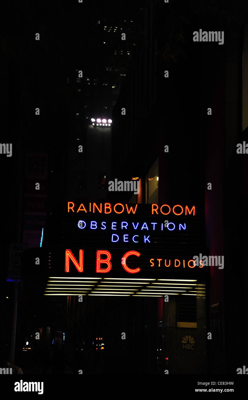Night portrait entrance GE Building with neon adverts NBC Studios ...