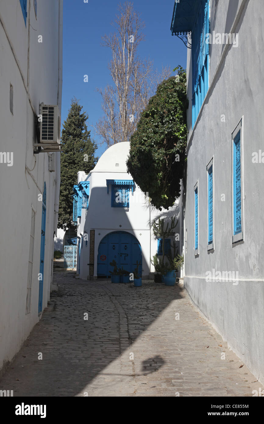 Sidi Bou Said - typical building with white walls, blue doors and ...