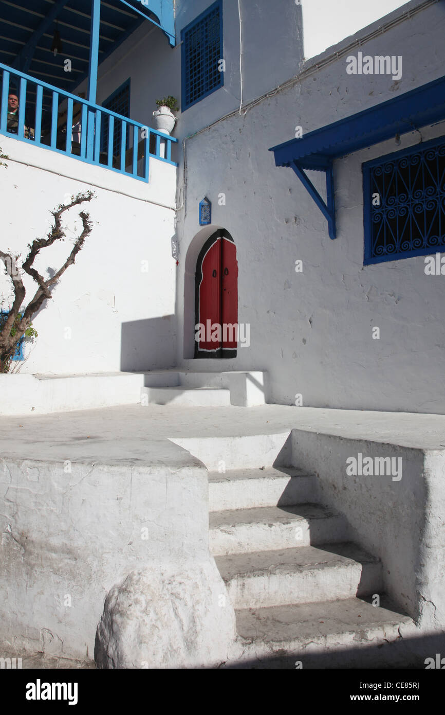 Sidi Bou Said - typical building with white walls, blue doors and ...