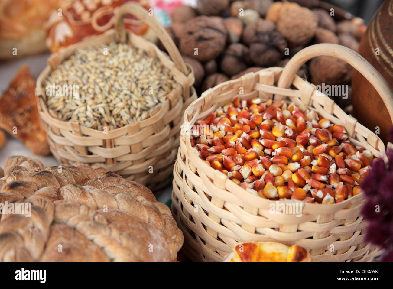 Basket with wheat and maize Stock Photo - Alamy