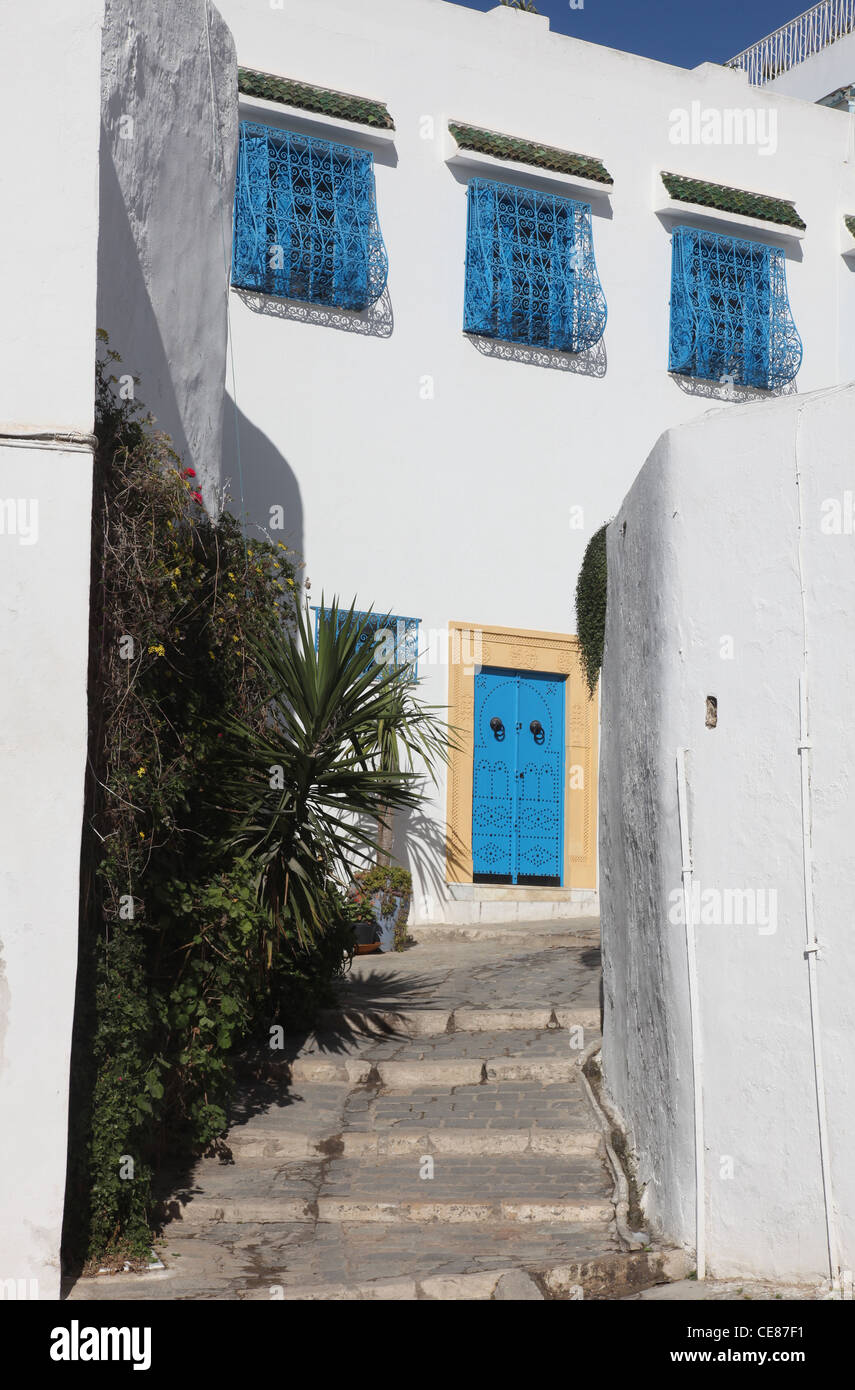 Sidi Bou Said - typical building with white walls, blue doors and ...