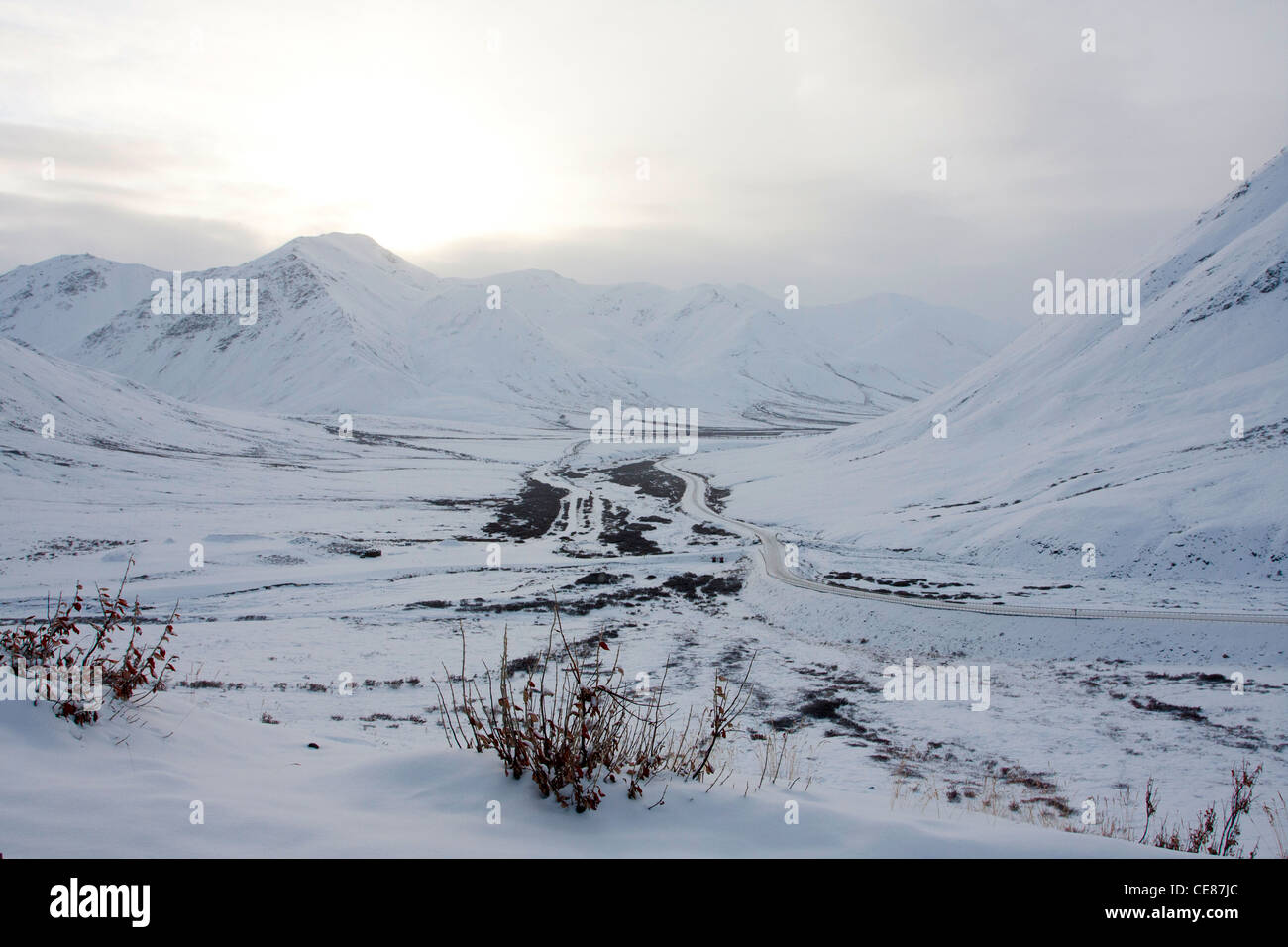 Scenic snowy winter mountainous landscape looking south from Atigun ...