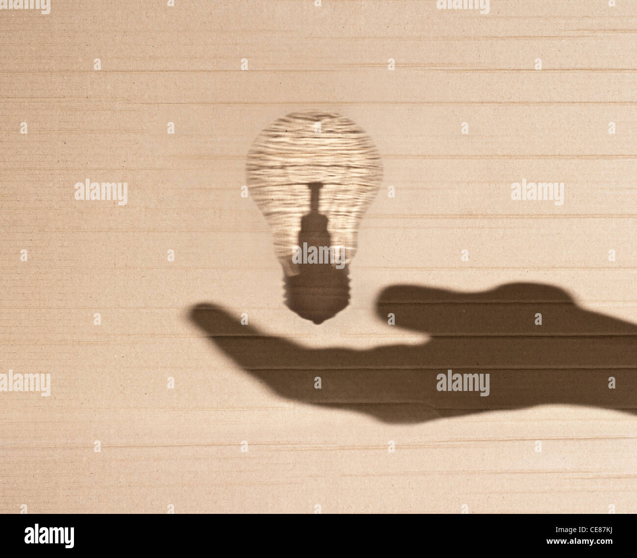 shadow of human hand holding shadow of light bulb against cardboard ...