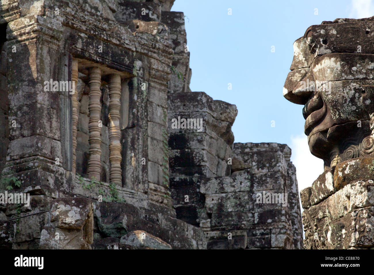 Stone Face Carving at Bayon Temple at Angkor in Cambodia Stock Photo ...