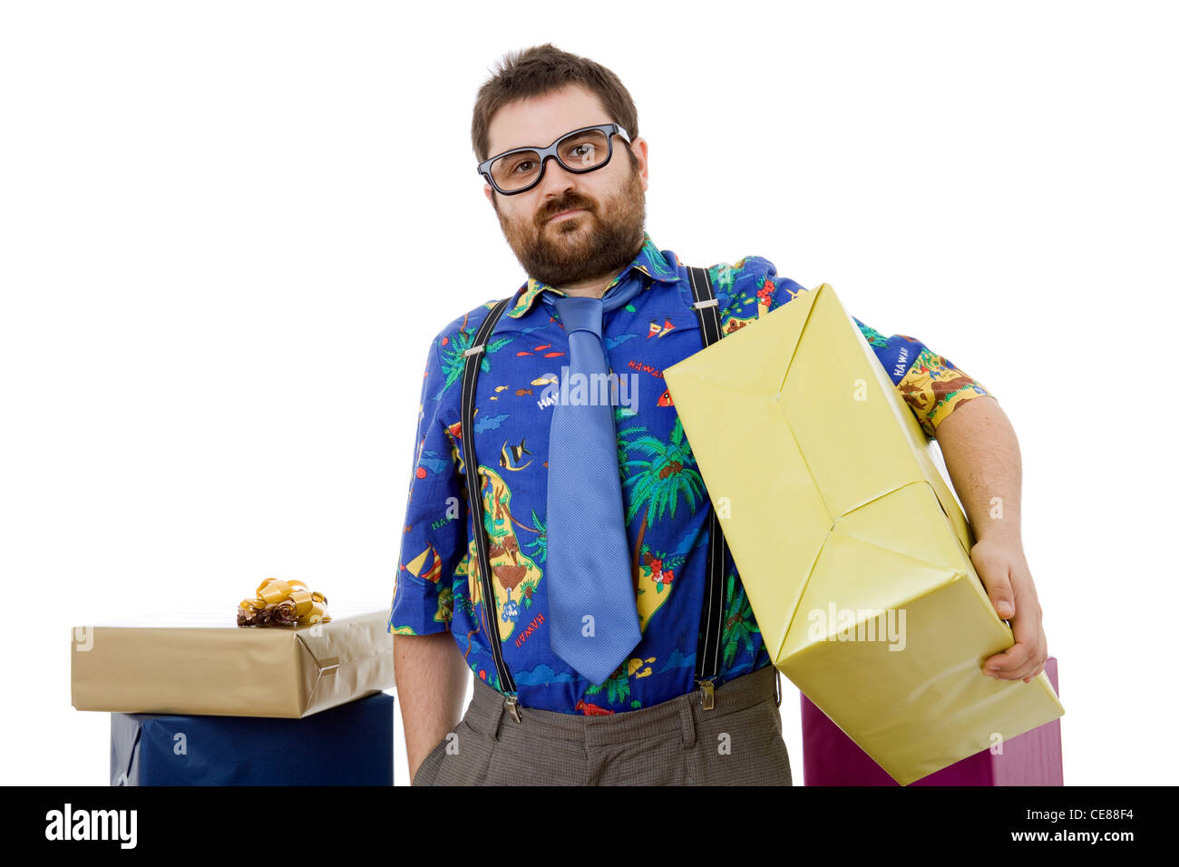 happy silly salesman with some boxes, isolated on white Stock Photo - Alamy