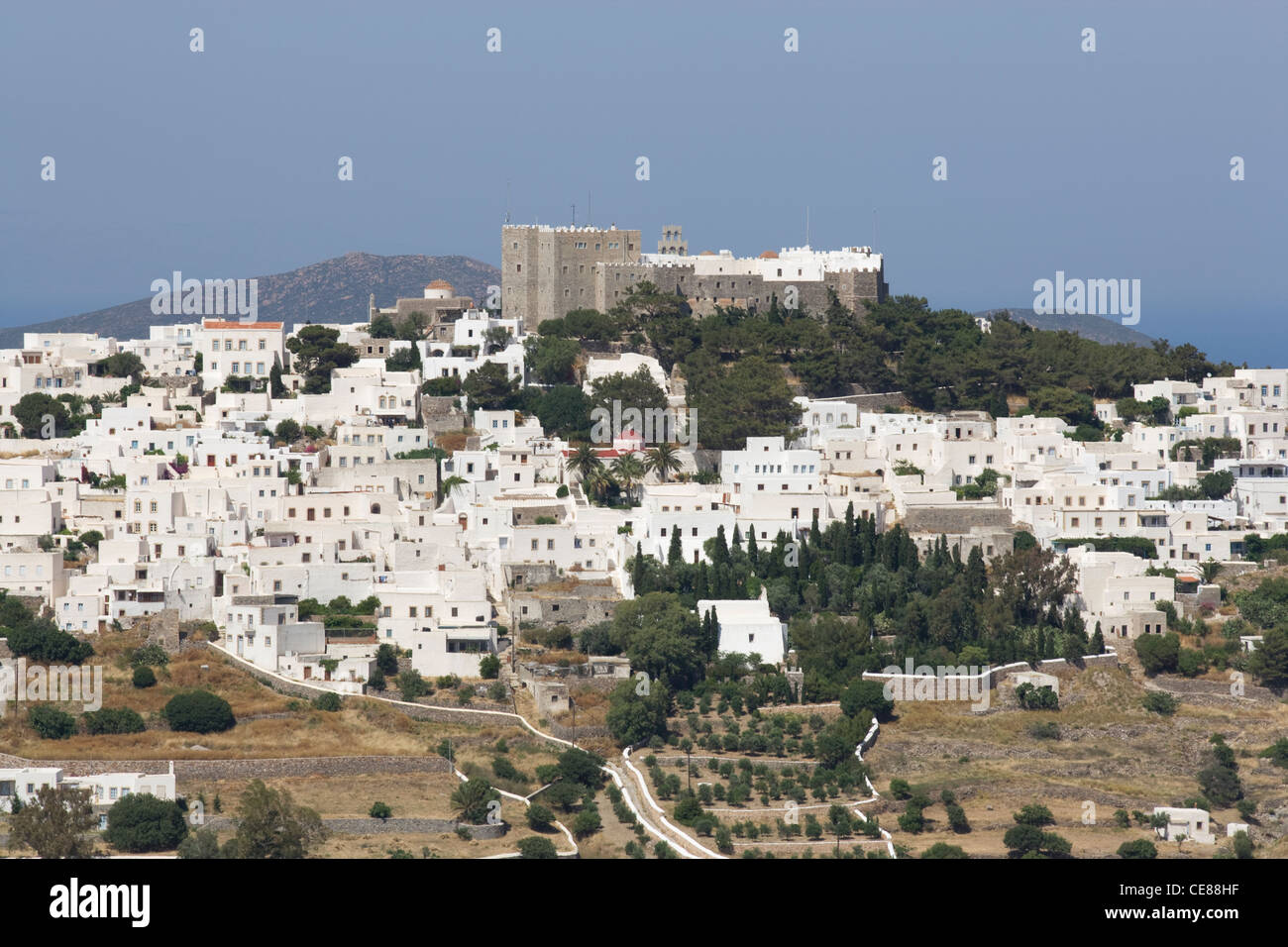 Patmos: view of Chora & Monastery of St John Stock Photo - Alamy
