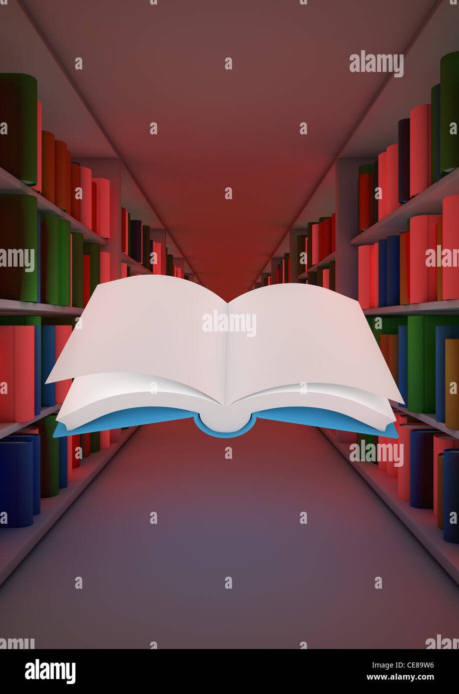 render of an abstract library with a floating open book Stock Photo - Alamy