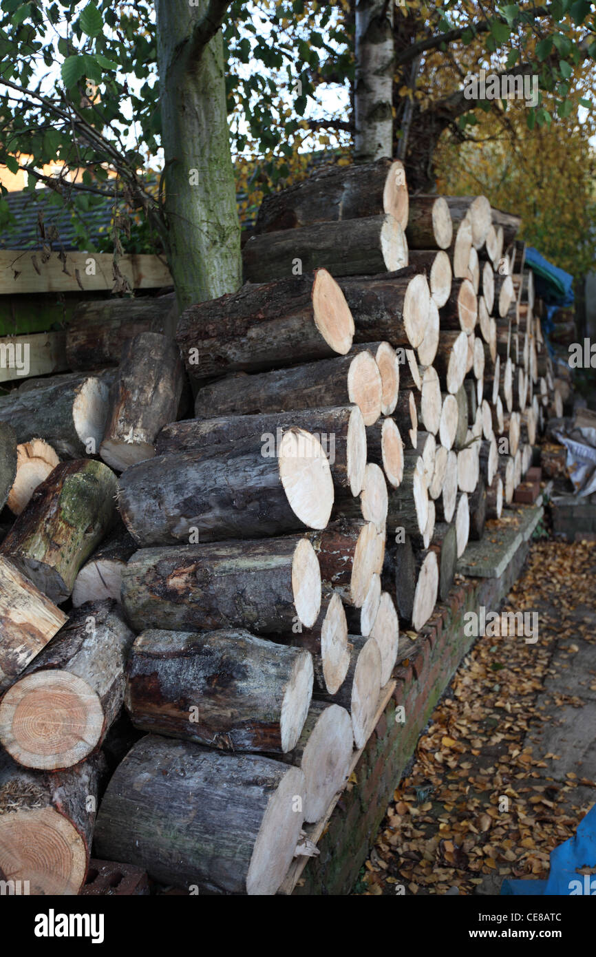 stacked cut logs ready for a wood boiler Stock Photo - Alamy